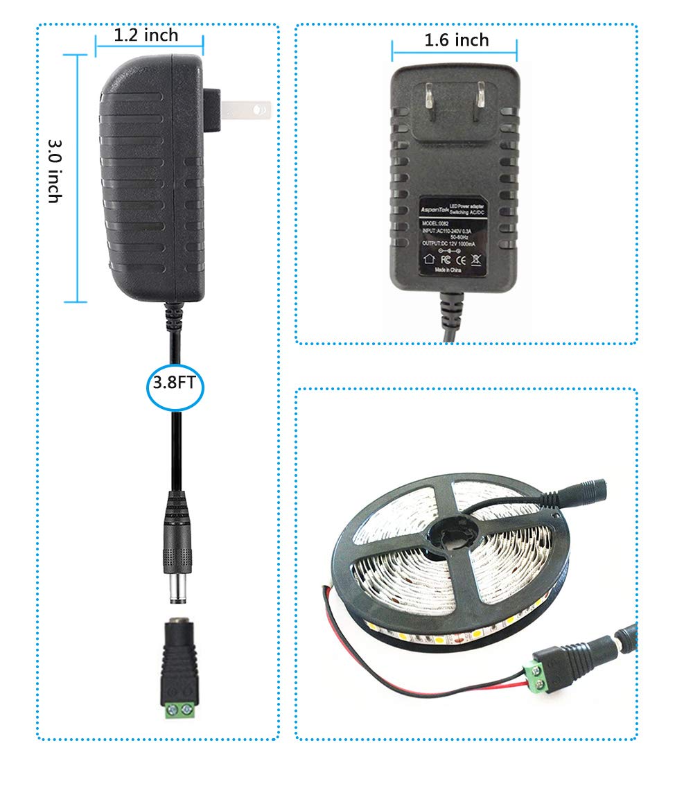 AspenTek DC 12V Power Supply Adapter with Inline on Off Switch for ...