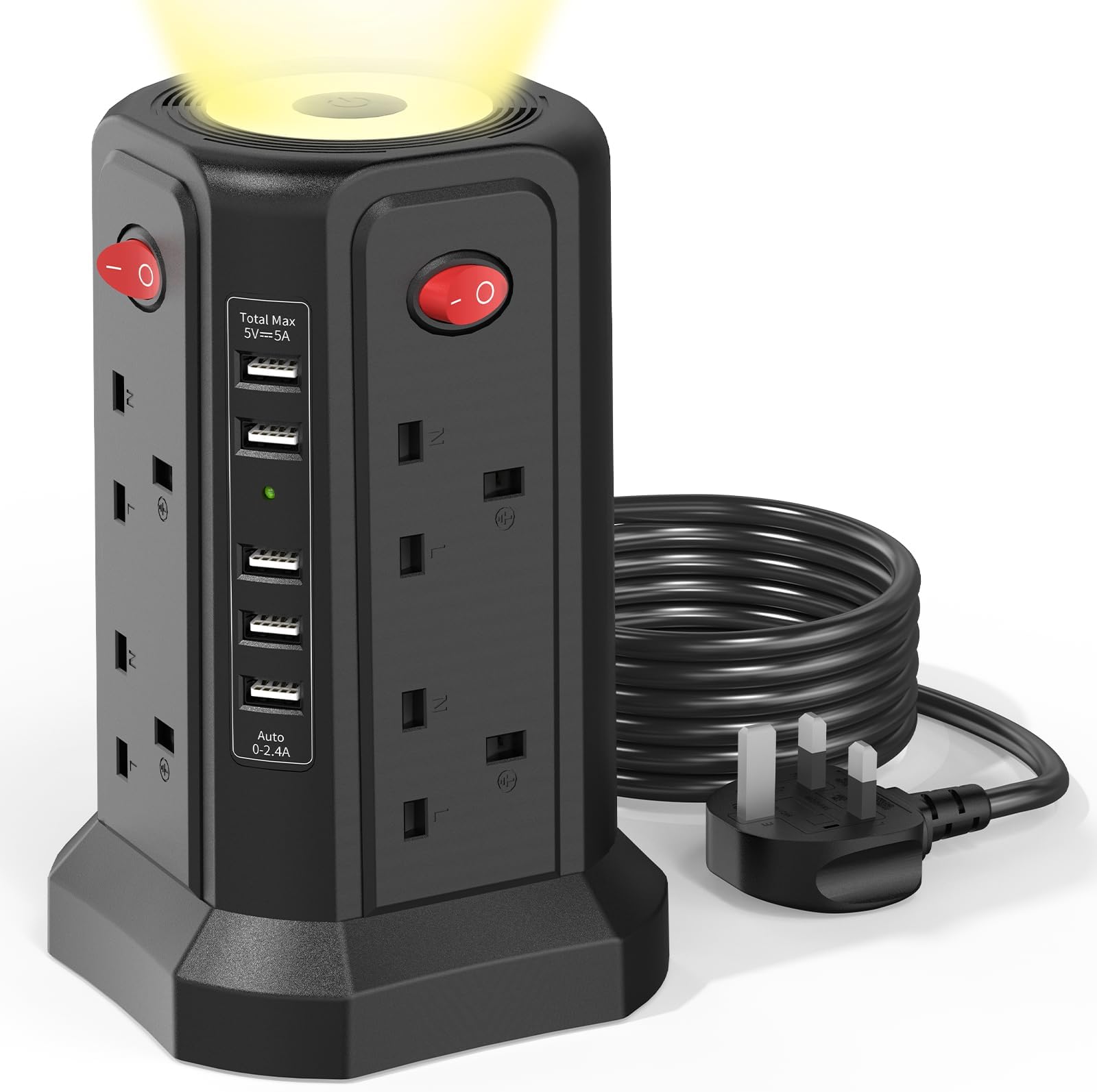 Tower Extension Lead with USB Slots and Night Light, (13A 3250W)5 USB ...