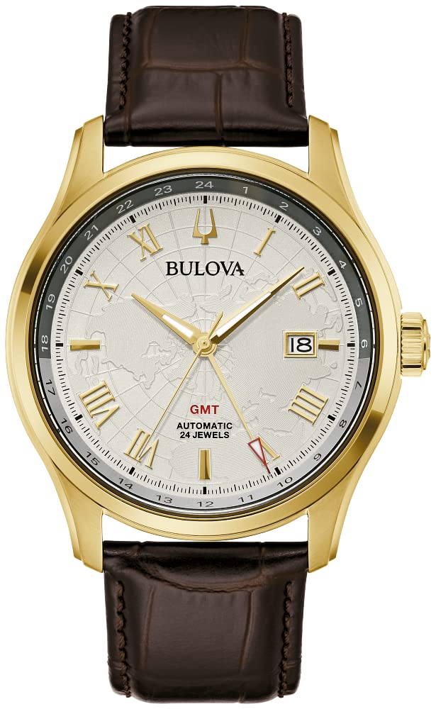 Amazon.com: Bulova Classic Wilton GMT Automatic Brown Leather Strap ...