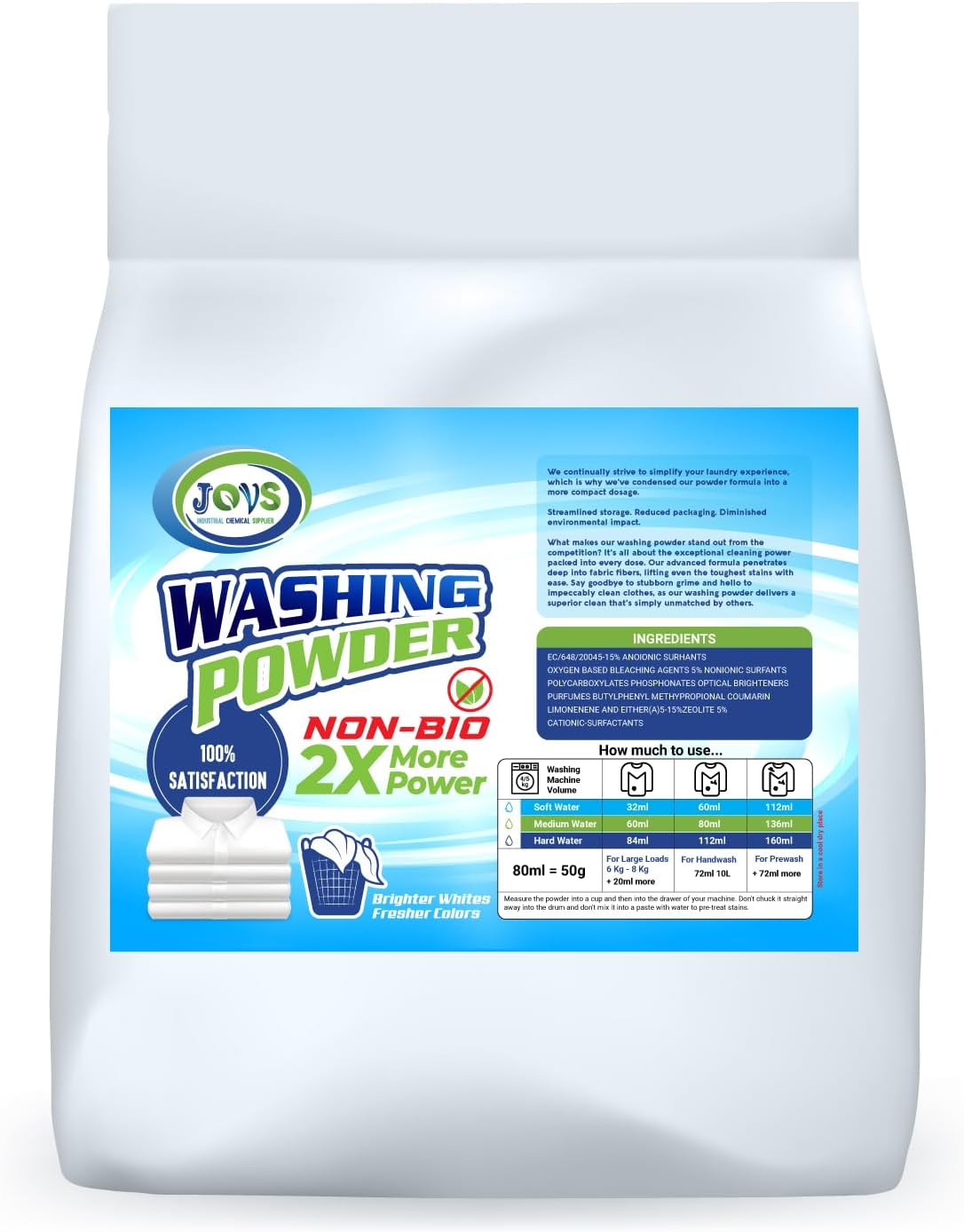 Jovs Non-Bio Washing Powder 10kg - Professional Laundry Powder for Over ...