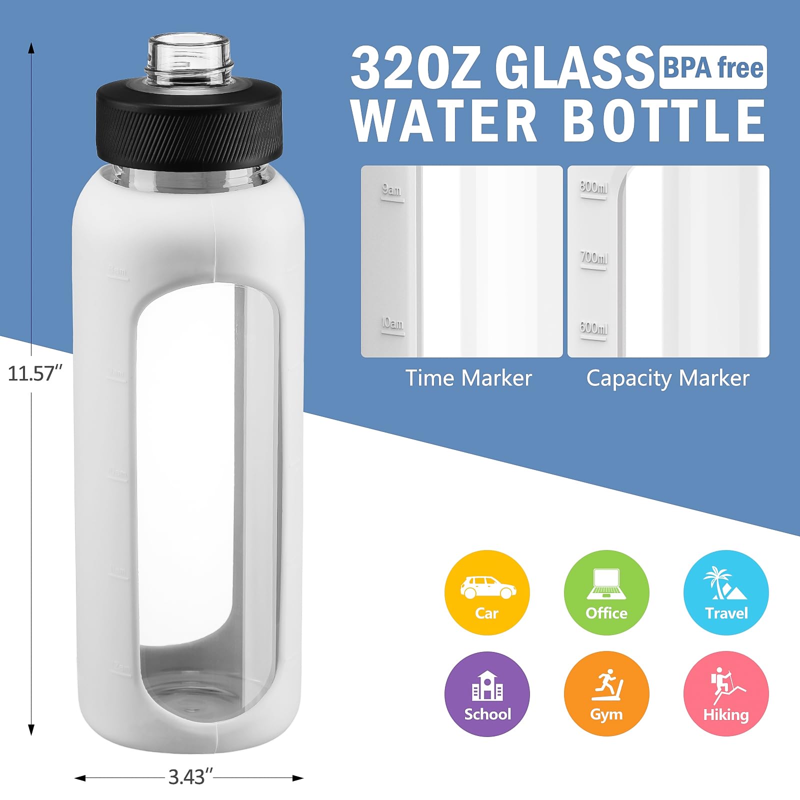 Snapklik.com : Kodrine Water Bottle Chug Lid, 32 Oz Glass Water Bottles