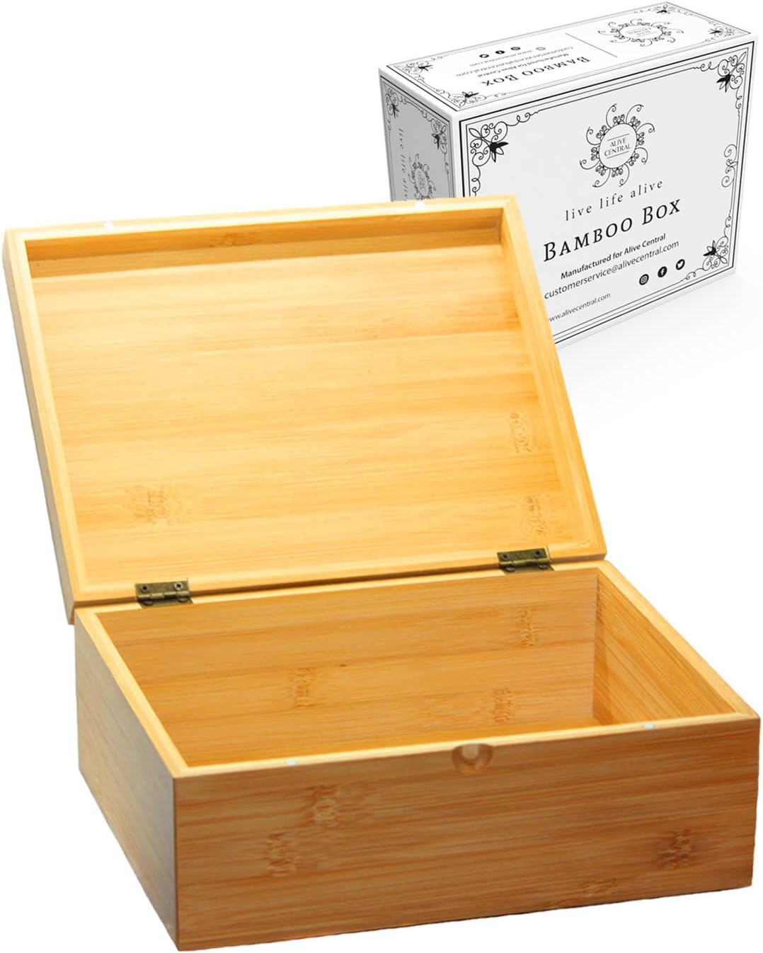 Amazon.com: ALIVE CENTRAL Bamboo Wooden Box with Hinged Lid - Natural ...