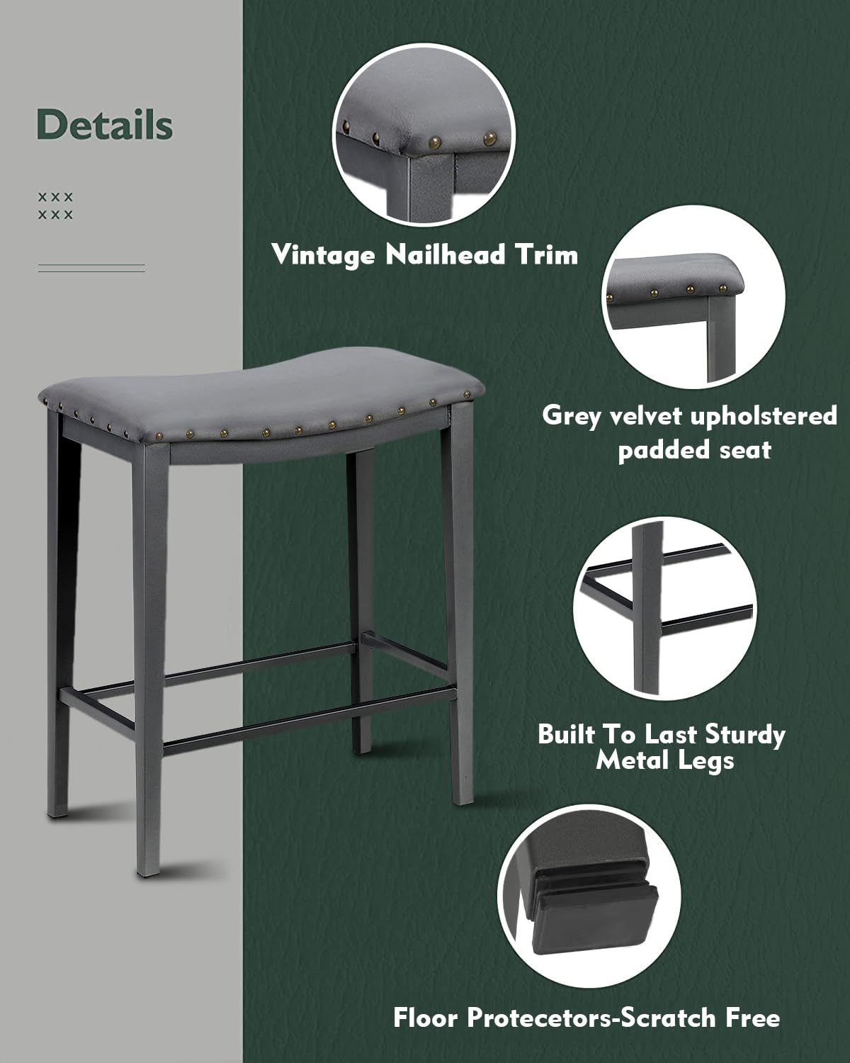 Snapklik.com : KATDANS Grey Bar Stool Counter Height 24 Inches Backless ...