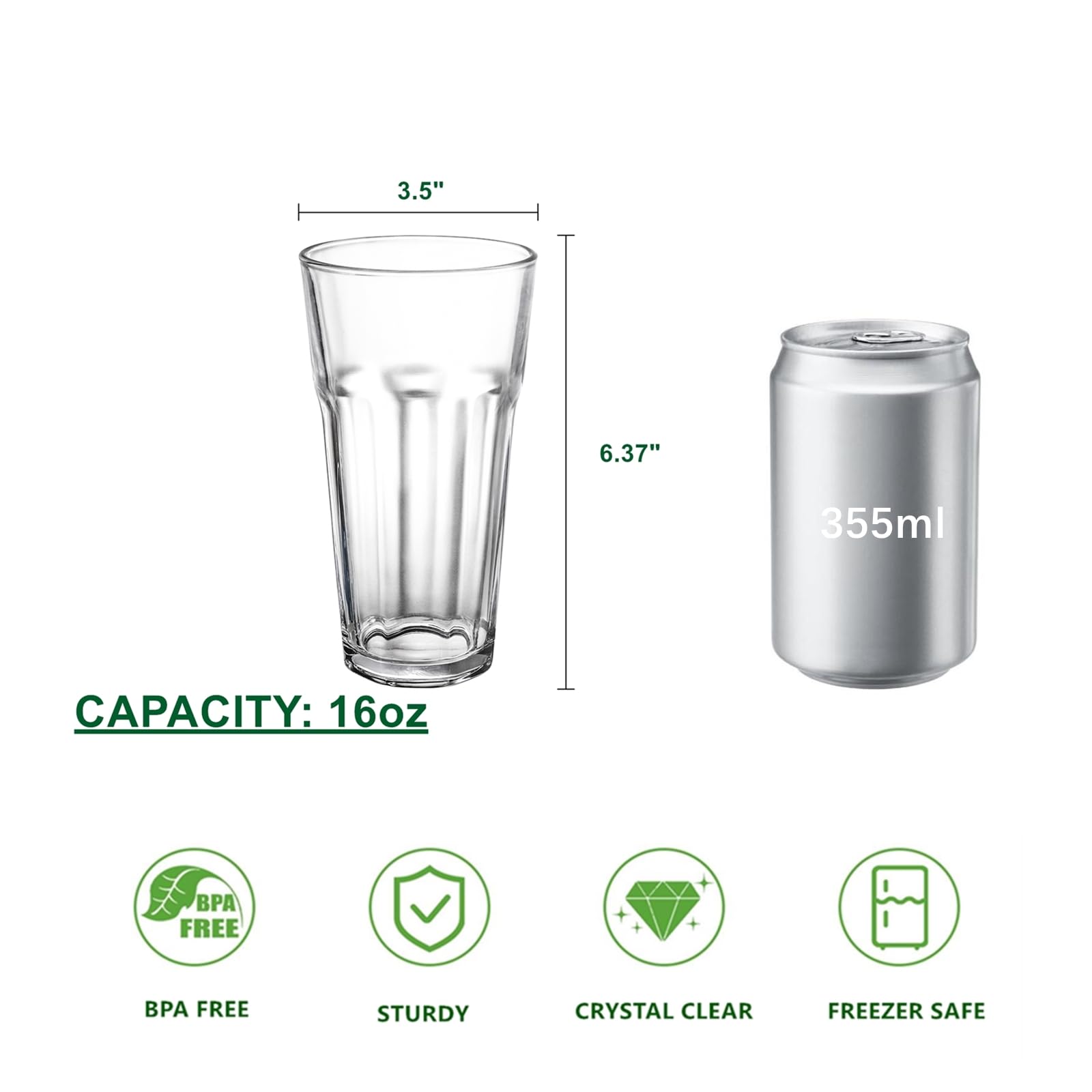 Snapklik.com : Set Of 6 Drinking Glasses 16oz, Thick Tempered Water ...