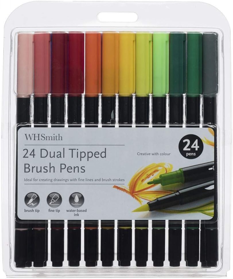 WHSmith Dual Tipped Brush Pens Fine Nib Assorted Ink Pack of 24 ...