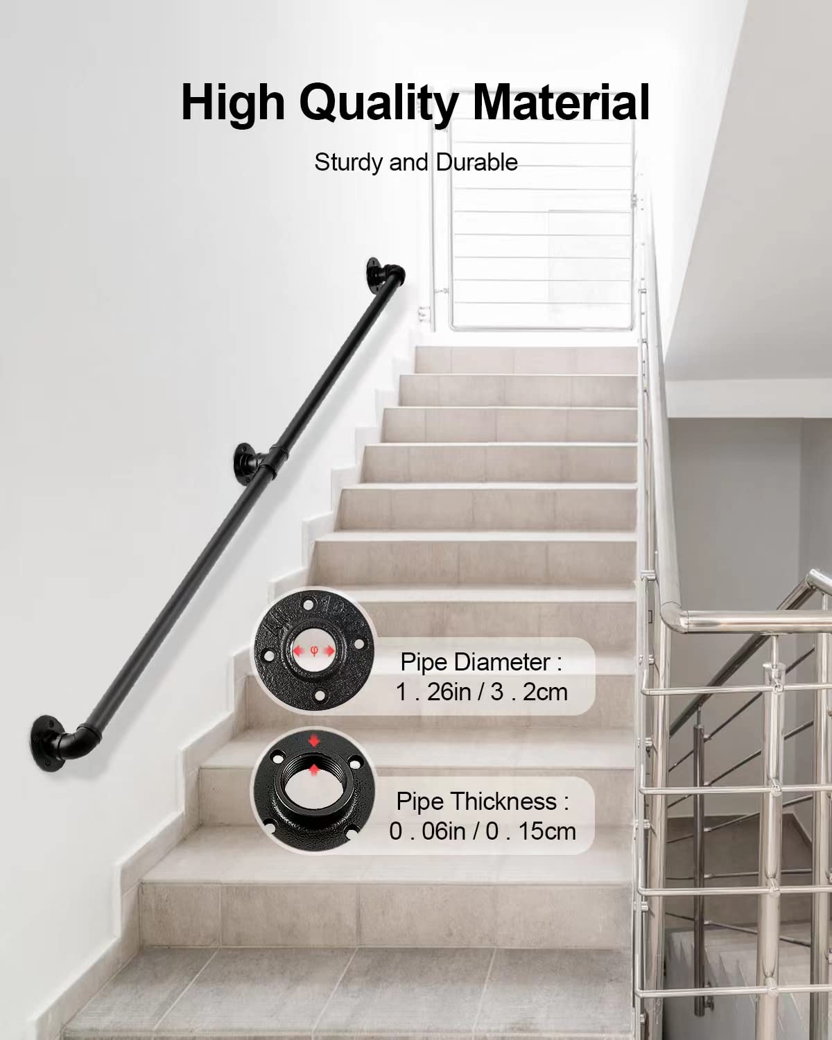 ZeroPone Wall Handrail 5ft for Stairs Steps,Metal Staircase Handrail ...