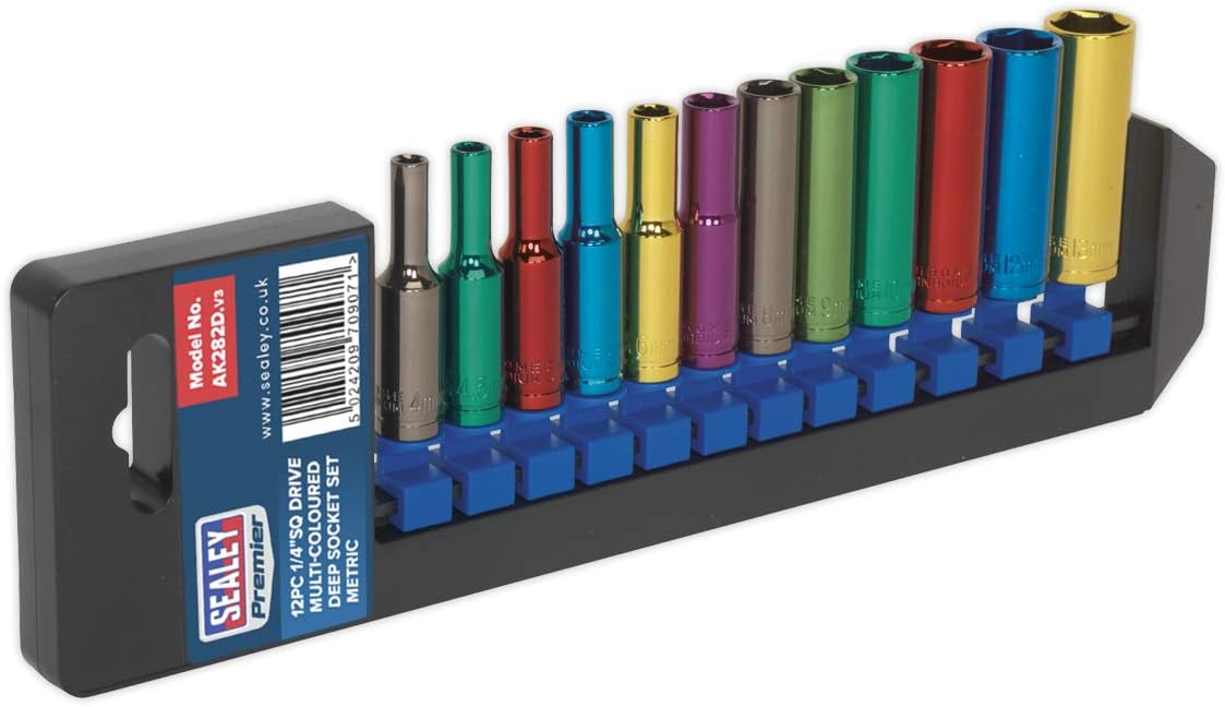 Sealey Ak282D Multi-Coloured Socket Set 12Pc 1/4In Sq Dr 6Pt Deep ...