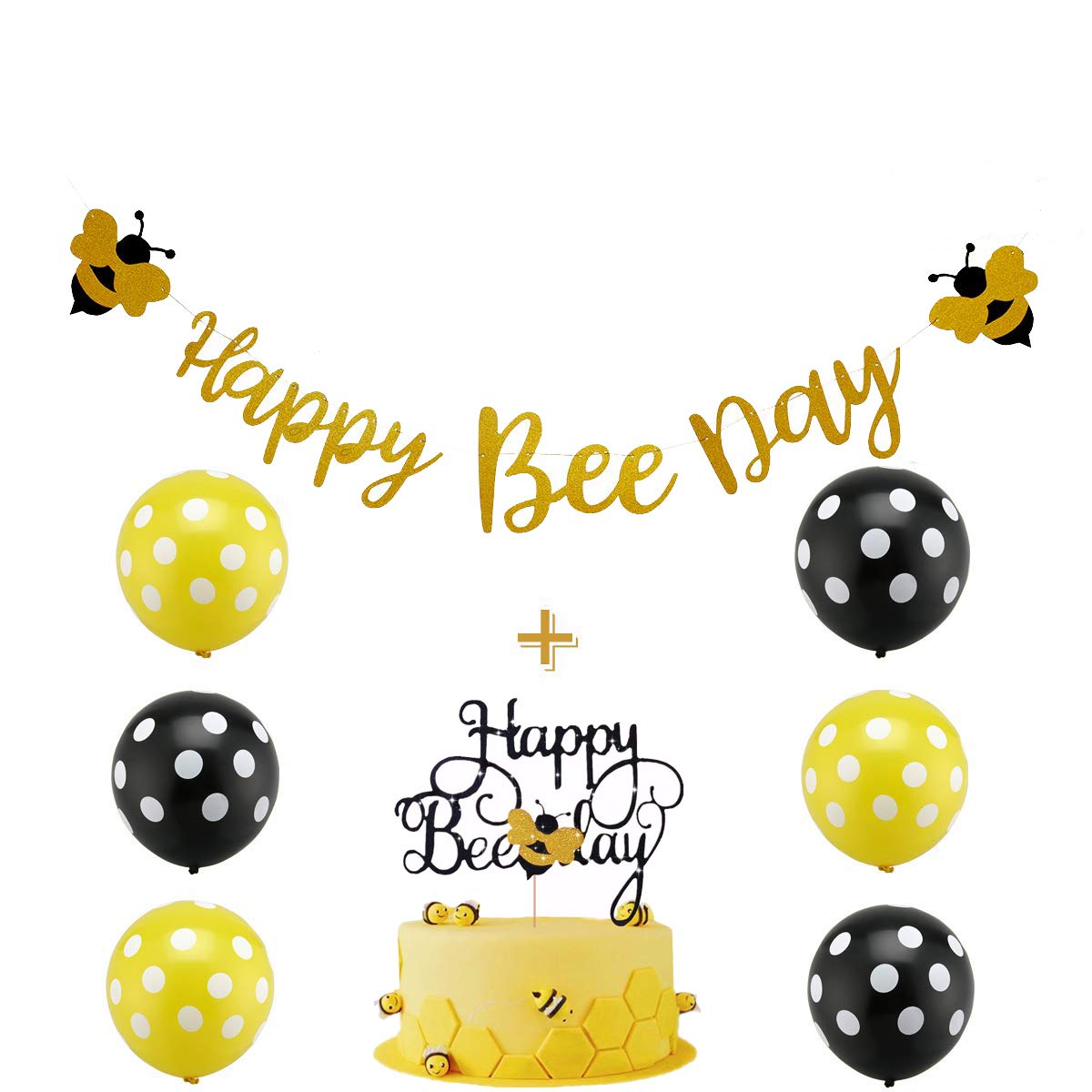 Buy 24 Pack Happy Bee Day Gold Glitter Banner & Happy Bee Day Cake ...