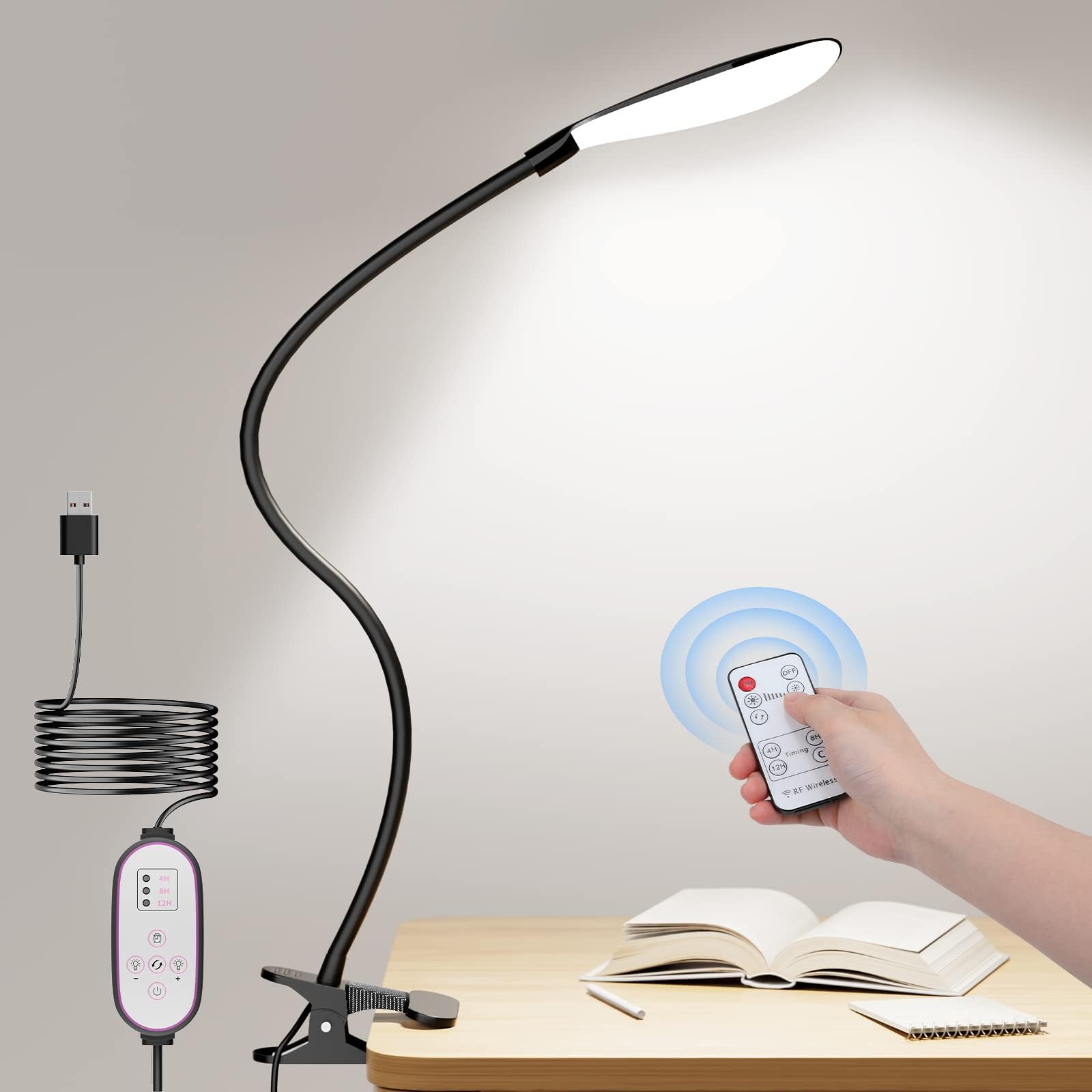 Clip On Light, Remote Control USB Desk Lamp, Eye Caring LED Reading ...
