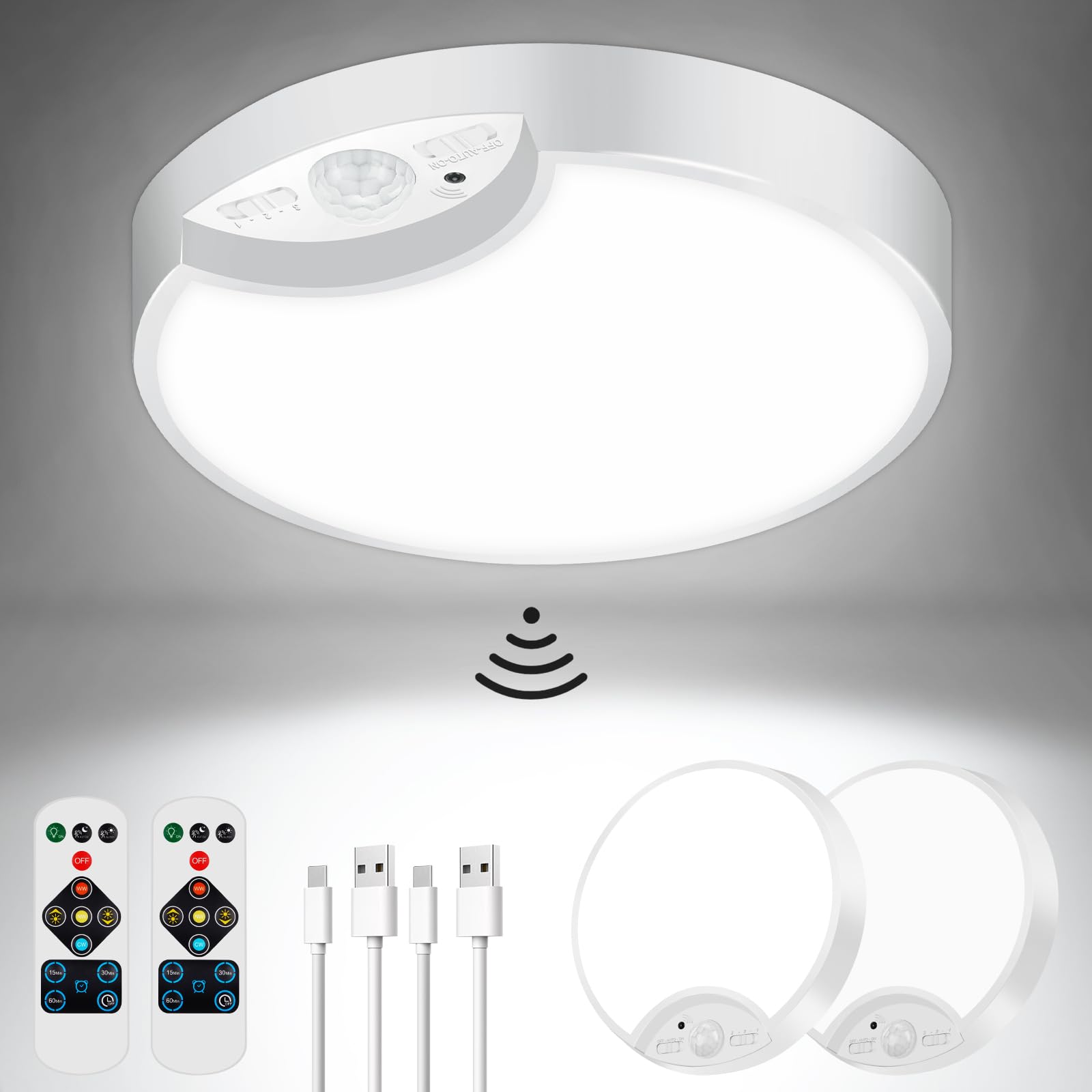 2-Pack Rechargeable Battery Operated Motion Sensor Ceiling Light with ...