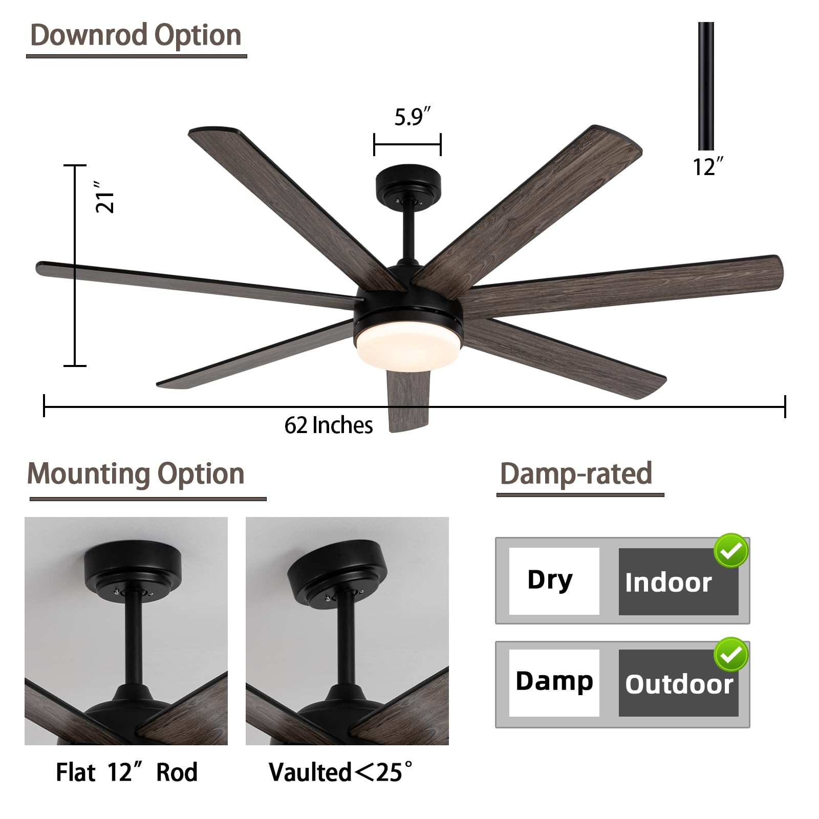 62 Inch Ceiling Fan with Lights, Outdoor Ceiling Fan with Light 7 ...
