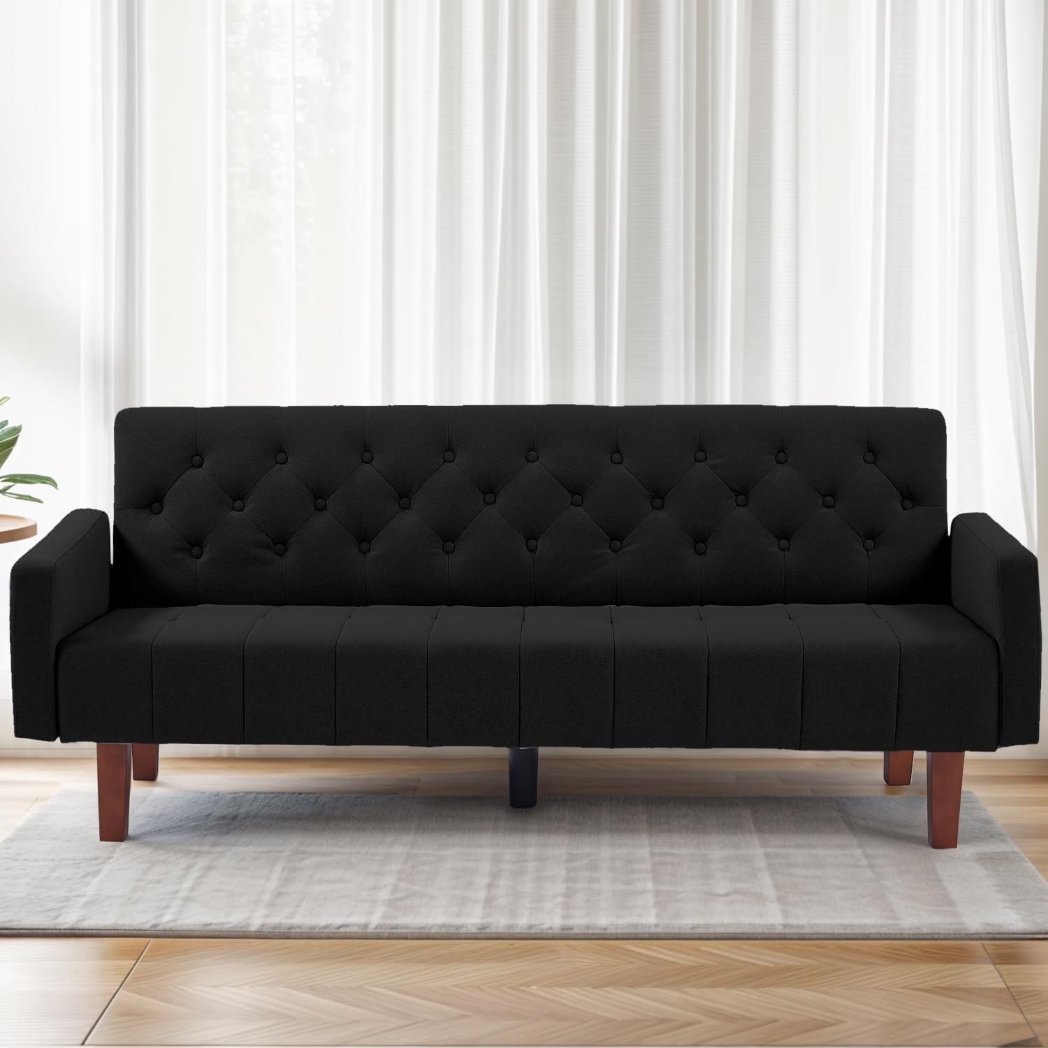 Black Tufted Back Sofa Bed Mid-Century Convertible Sleeper Futon with ...