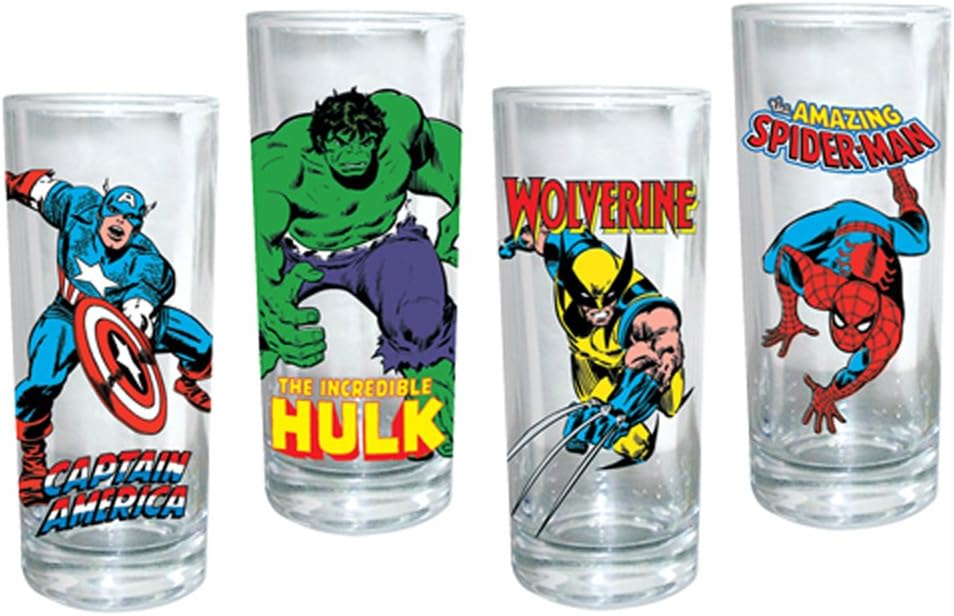 Amazon.com | Vandor Marvel Heroes 10-Ounce Glass Set, 4 Glasses per Set ...