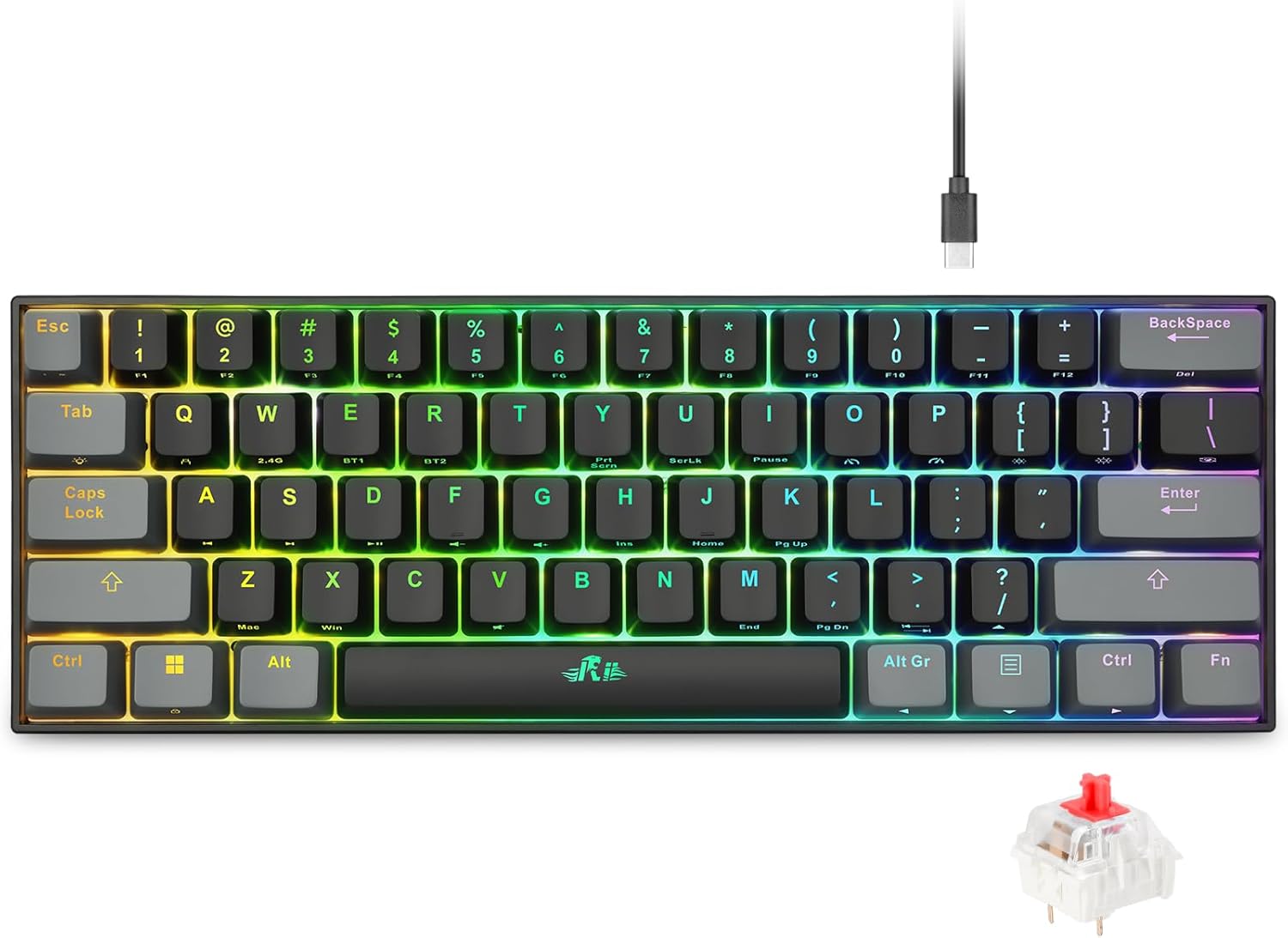 Rii Gaming Keyboard,60% Mechanical Gaming Keyboard,Rechargeable RGB 60 ...