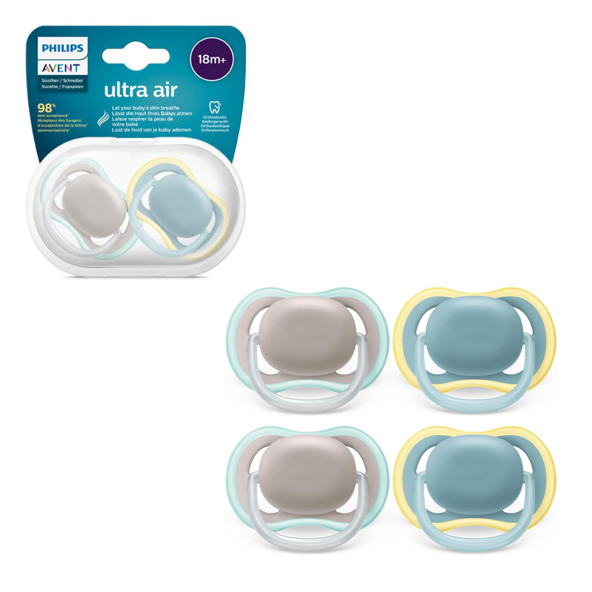 Philips Avent Ultra Air Pacifier 18m+, Beige/Dawn, 4 pack, SCF349/25 ...