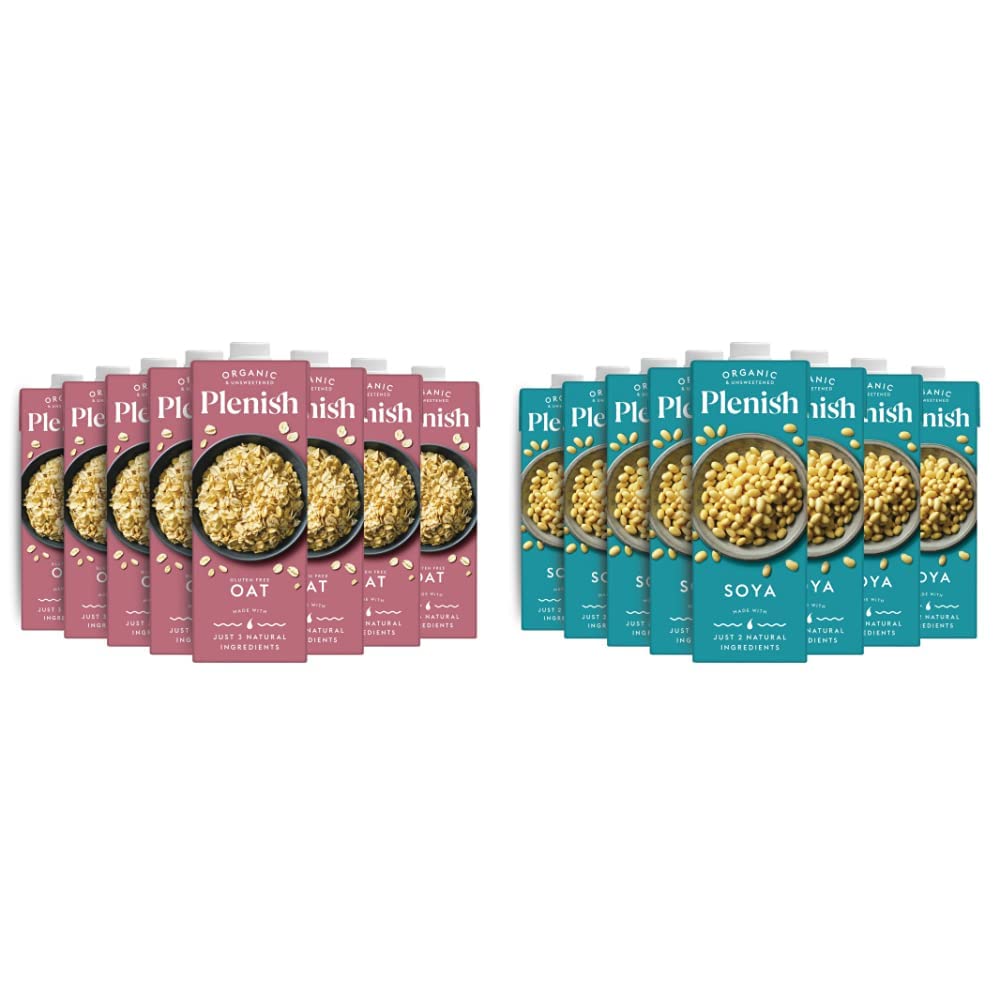 Plenish Organic Unsweetened Oat Milk (8 x 1 Litre) & Soya Milk Drink| 8 ...