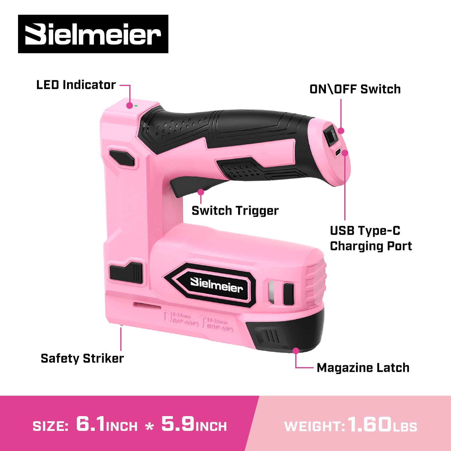 Snapklik.com : Bielmeier Pink Cordless Staple Gun, 2-in-1 Nail Gun ...