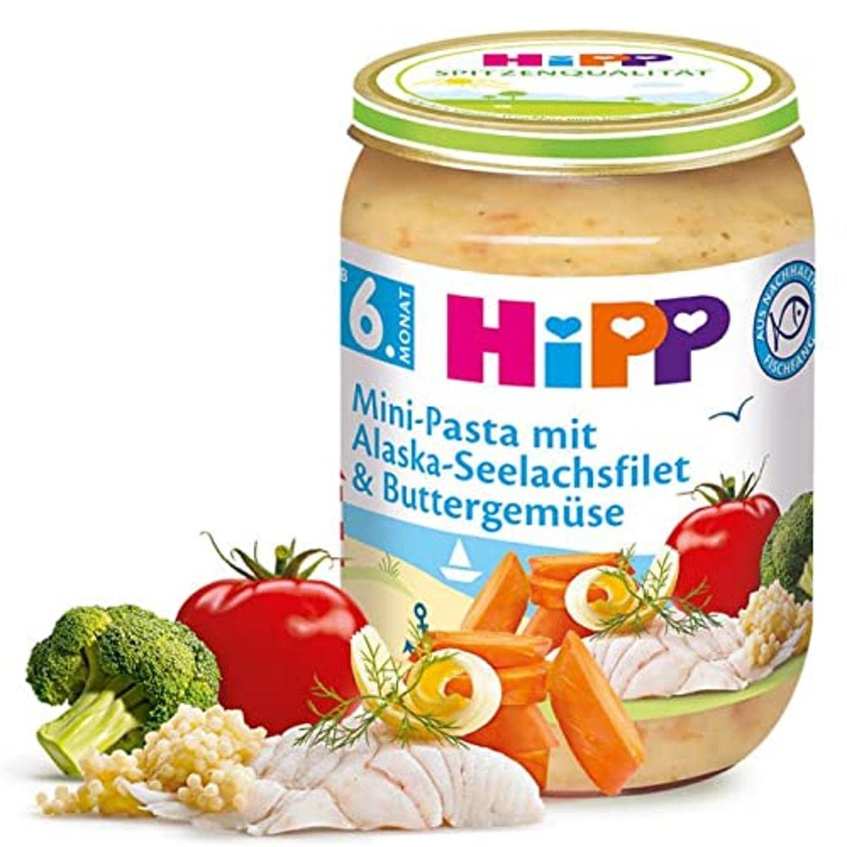 Hipp Mini-Pasta mit Alaska-Seelachsfilet und Buttergemüse, 1er Pack (1 ...