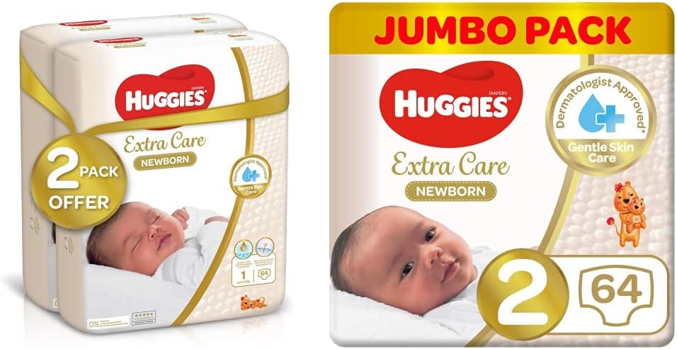Huggies Extra Care New Born Diapers, Size 1, 0-5 Kg, Jumbo Pack, 128 ...