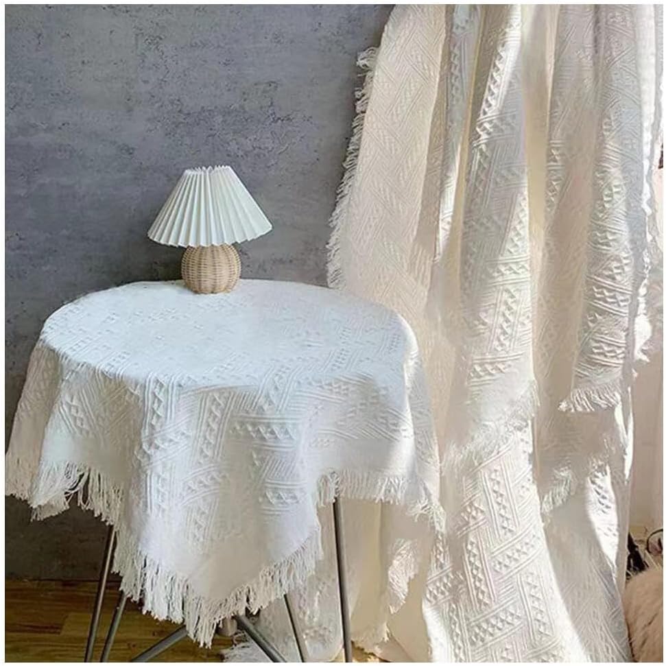 abobo LIFESTYLE Creamy White Cotton Tablecloth Square Small/Fringed ...