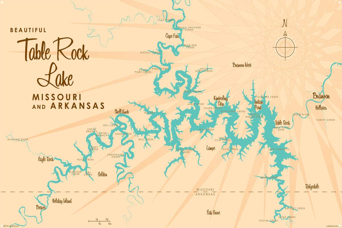 Table Rock Lake Missouri Map Metal Art Print by Lakebound 24" x 36 ...