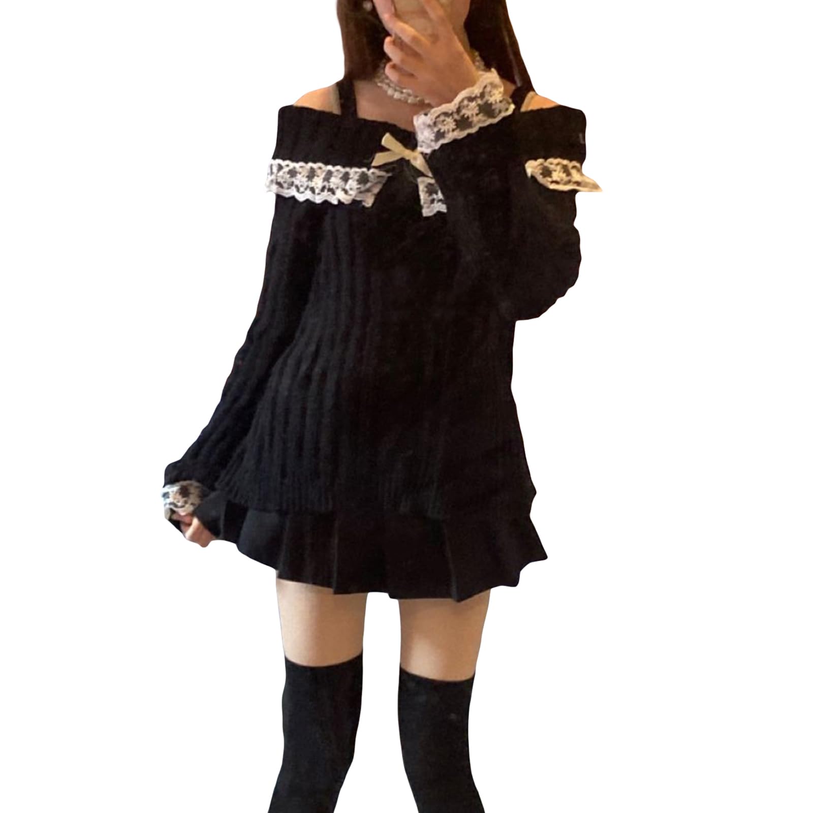 Women Off Shoulder Top Y2K Long Sleeve Lace Trim Knit Shirt Fashion ...