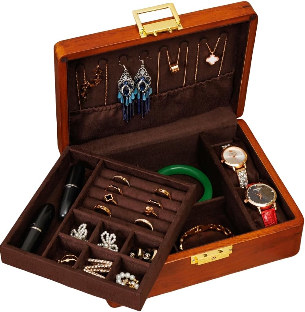 Amazon.com: LIBOLXSP Solid Walnut Wood Jewelry Box with Lock,2 Layer ...