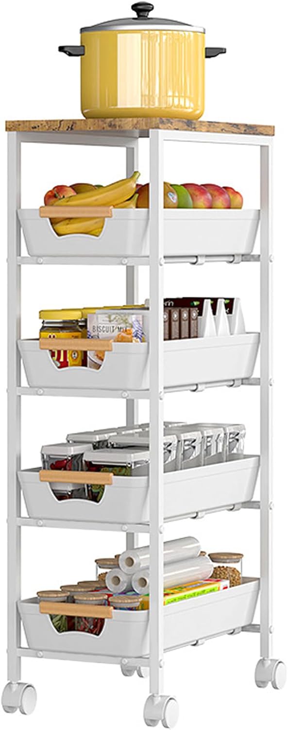 5-Tier Kitchen Storage Cart, Narrow Rolling Storage Cart with Wooden ...