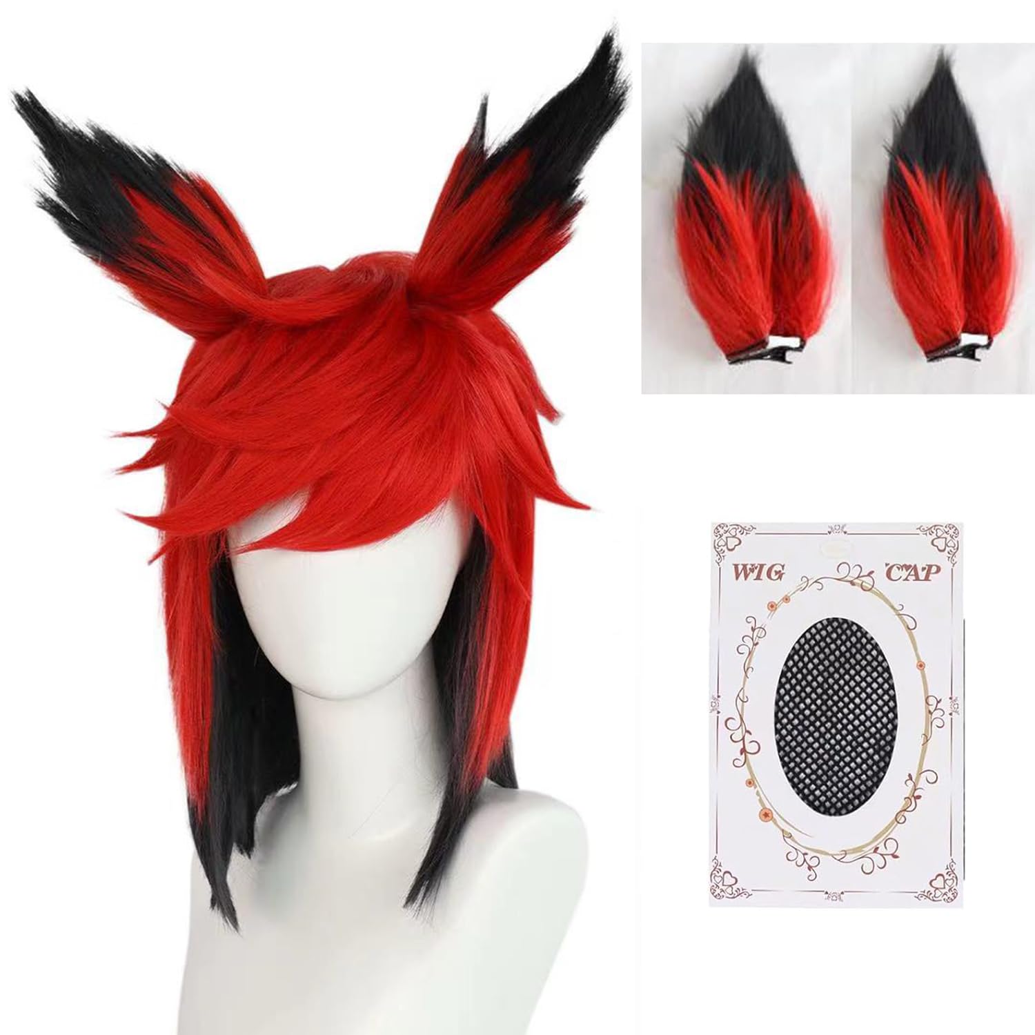 Amazon.com: Alastor Cosplay Wig with Detachable Ears Anime Wig Red ...