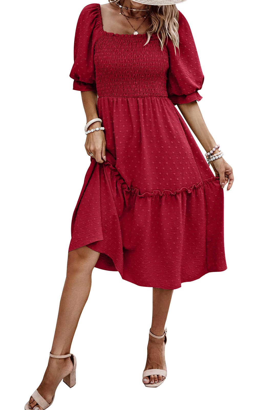 PRETTYGARDEN Women's Summer Casual Midi Dress Spring Puff Sleeve Square ...