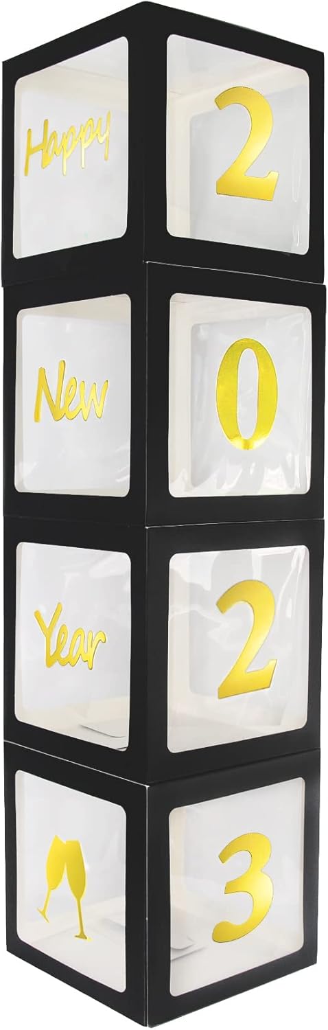 Amazon.com: Black Gold Happy New Year 2023 Boxes, Balloon Box with Gold ...
