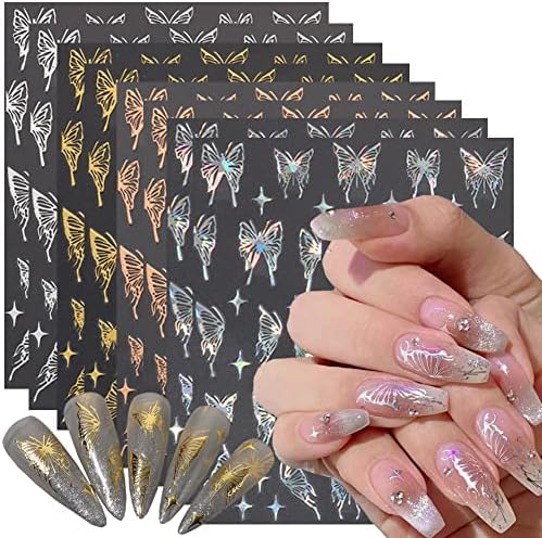Amazon.com: 8 Sheets Butterfly Nails Art Stickers,Gold Nail Decals 3D ...