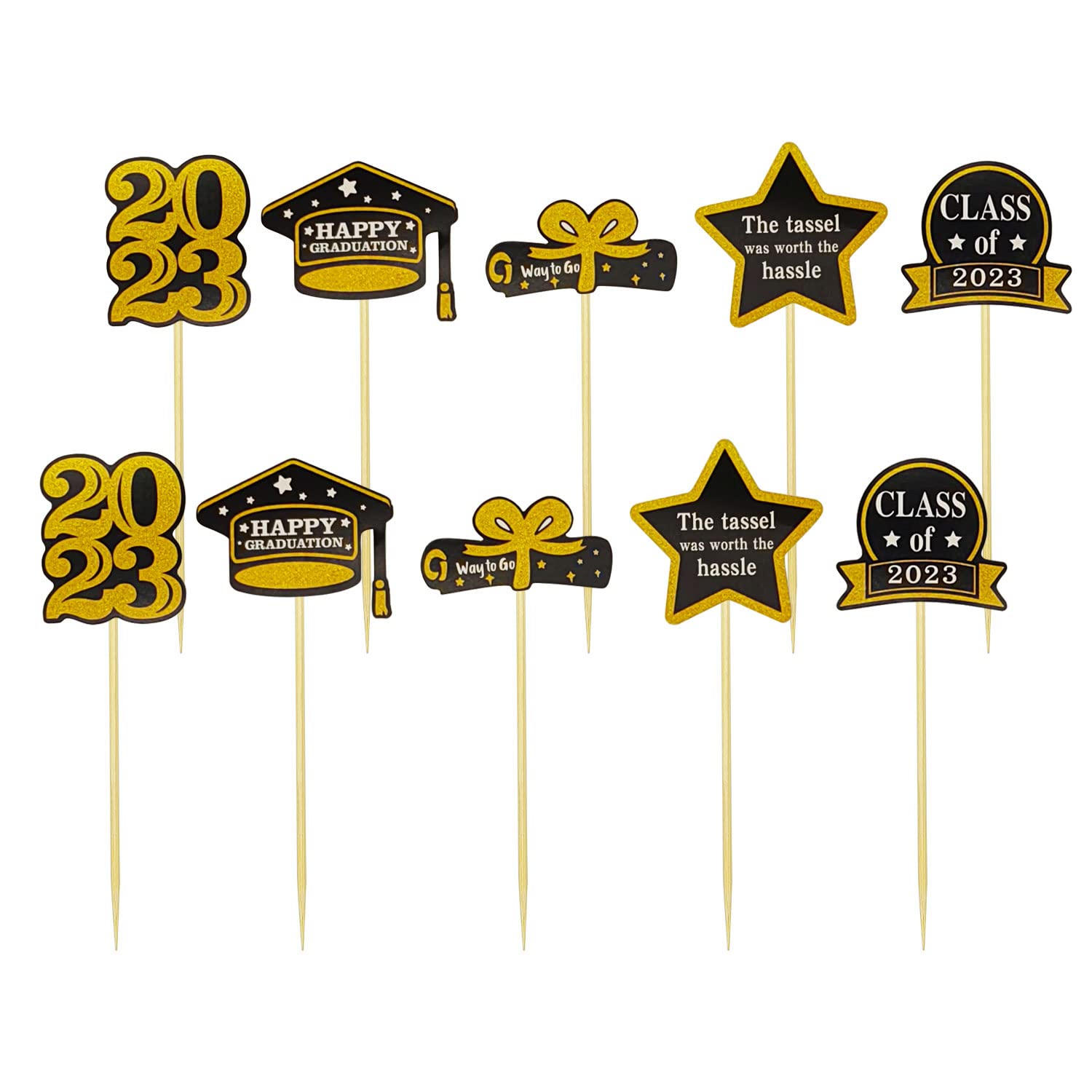 Buy 2023 Graduation Cake Toppers, 10Pcs Black Gold Glitter Happy ...