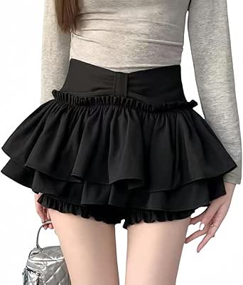 Amazon.co.jp: [EDREES] ミニスカート レディース プリーツスカート フリル パンツ付き 無地 可愛い ティアード 蝶結び 少女 美脚 ハイウエスト ふわふわ 原宿系 ...