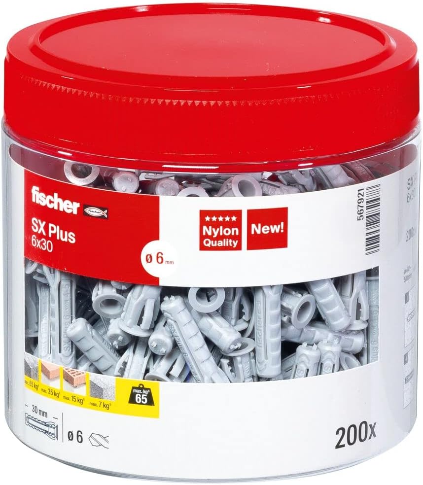 fischer 567921 SX Plus Expansion Wall Plug, 6mm x 30mm, Tin of 200 ...