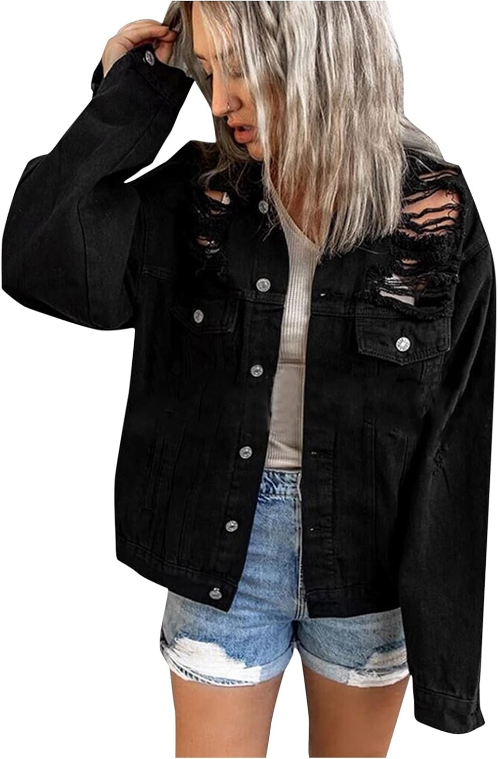 WAo Chaqueta vaquera desgastada de manga larga con botones y bolsillos ...