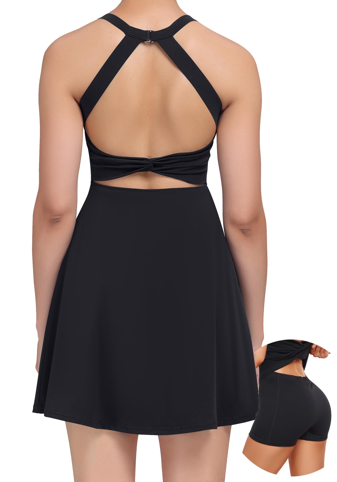 Womens Tennis Golf Dress with Open-Back Waistband Shorts Pockets ...