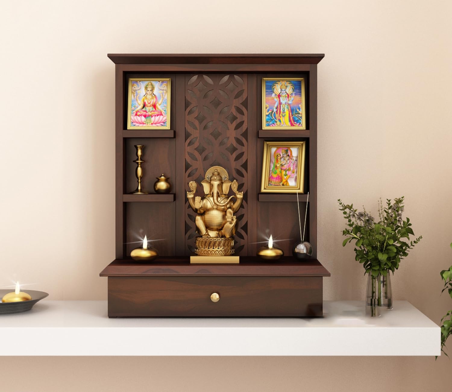 Office Pooja Room Designs Brown & White Pooja Mandir Wooden Temple