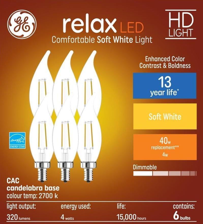 (6 bulbs) GE relax LED HD Decorative Chandelier Light Bulb, Clear, Bent ...