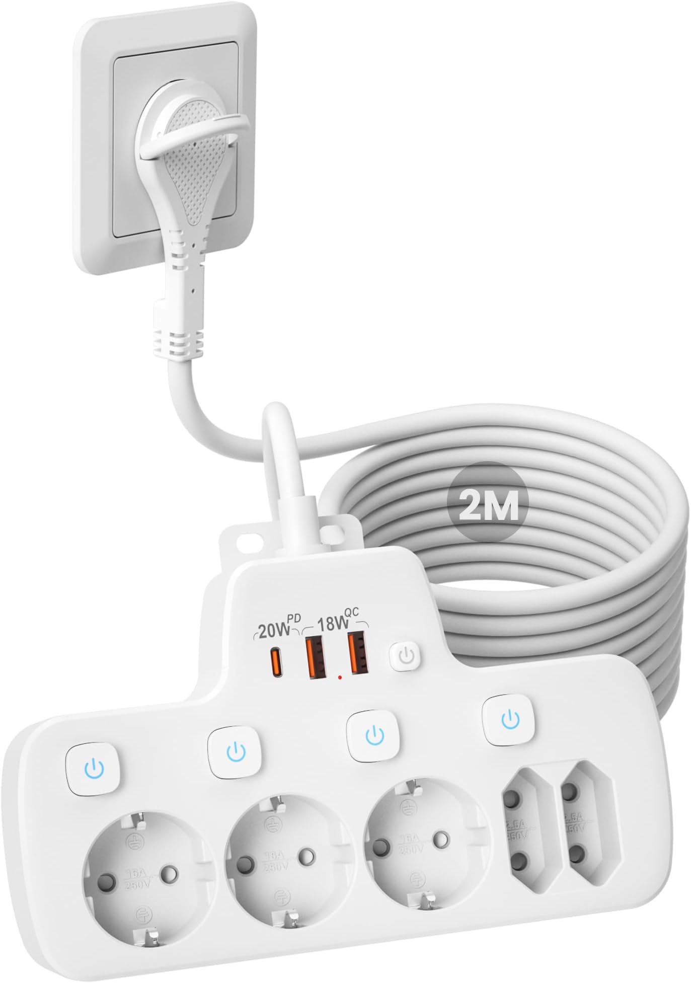Flachstecker Mehrfachsteckdose mit Schalter,5-Fach Steckdosenleiste ...
