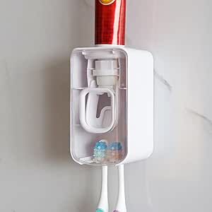 Amazon.com: 2 Slot Toothbrush Holder and Toothpaste Dispenser Wall Mounted, Automatic Toothpaste ...