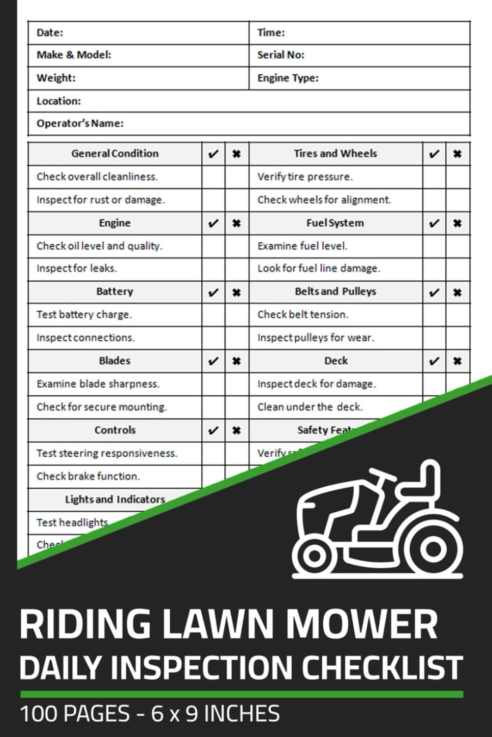 Buy Riding Lawn Mower Daily Inspection Checklist: Ride On Lawn Mower ...