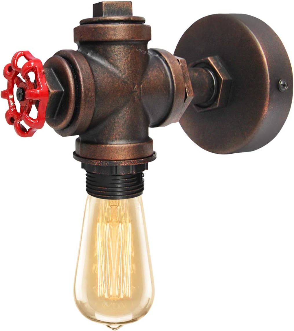 Retro Vintage Industrial Water Pipe Wall Light Rustic Metal Red Valve ...