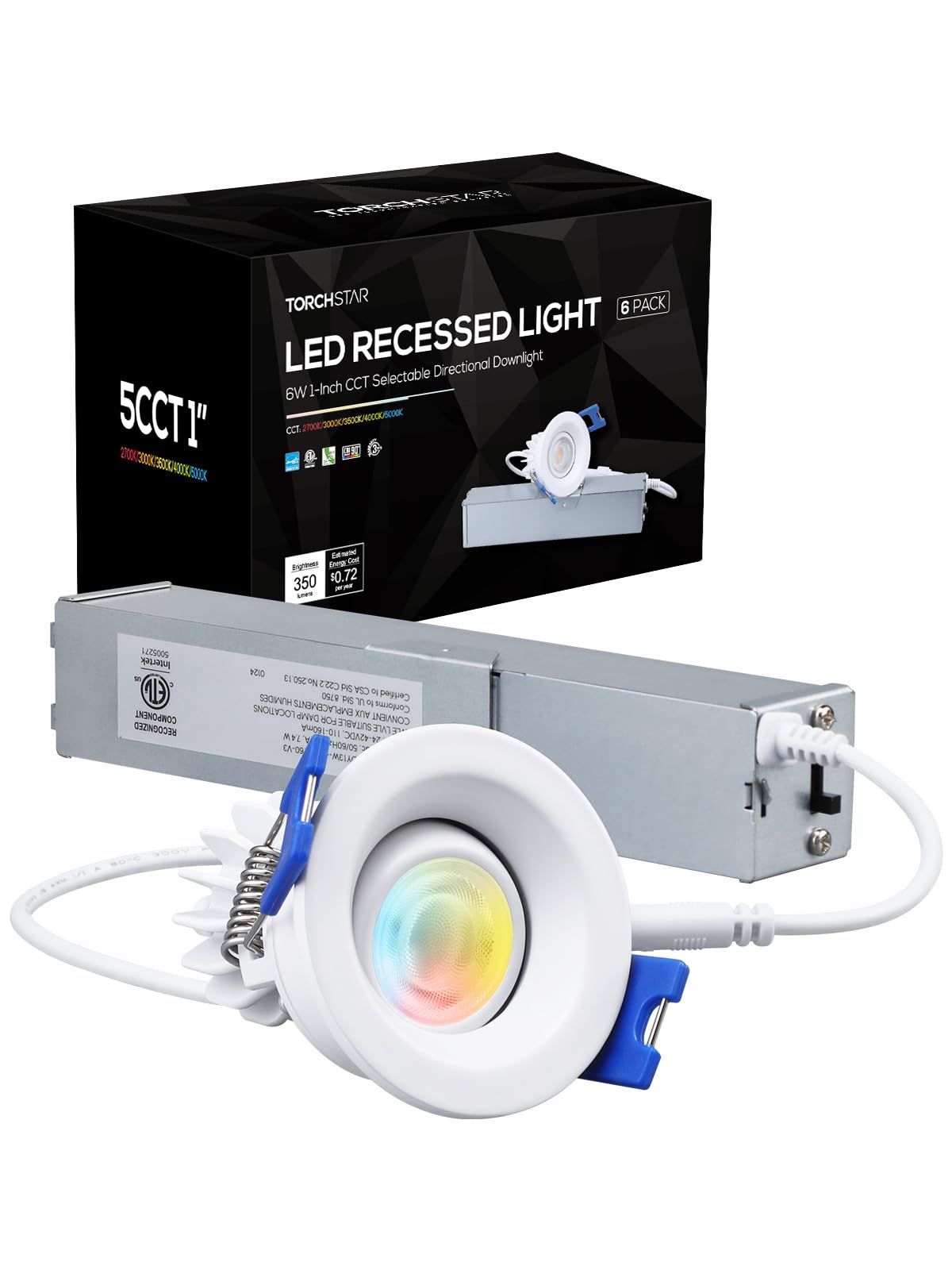 TORCHSTAR 5CCT 1 Inch Gimbal LED Recessed Light with J Box, Anti-Glare Deep Smooth Trim, 6W ...