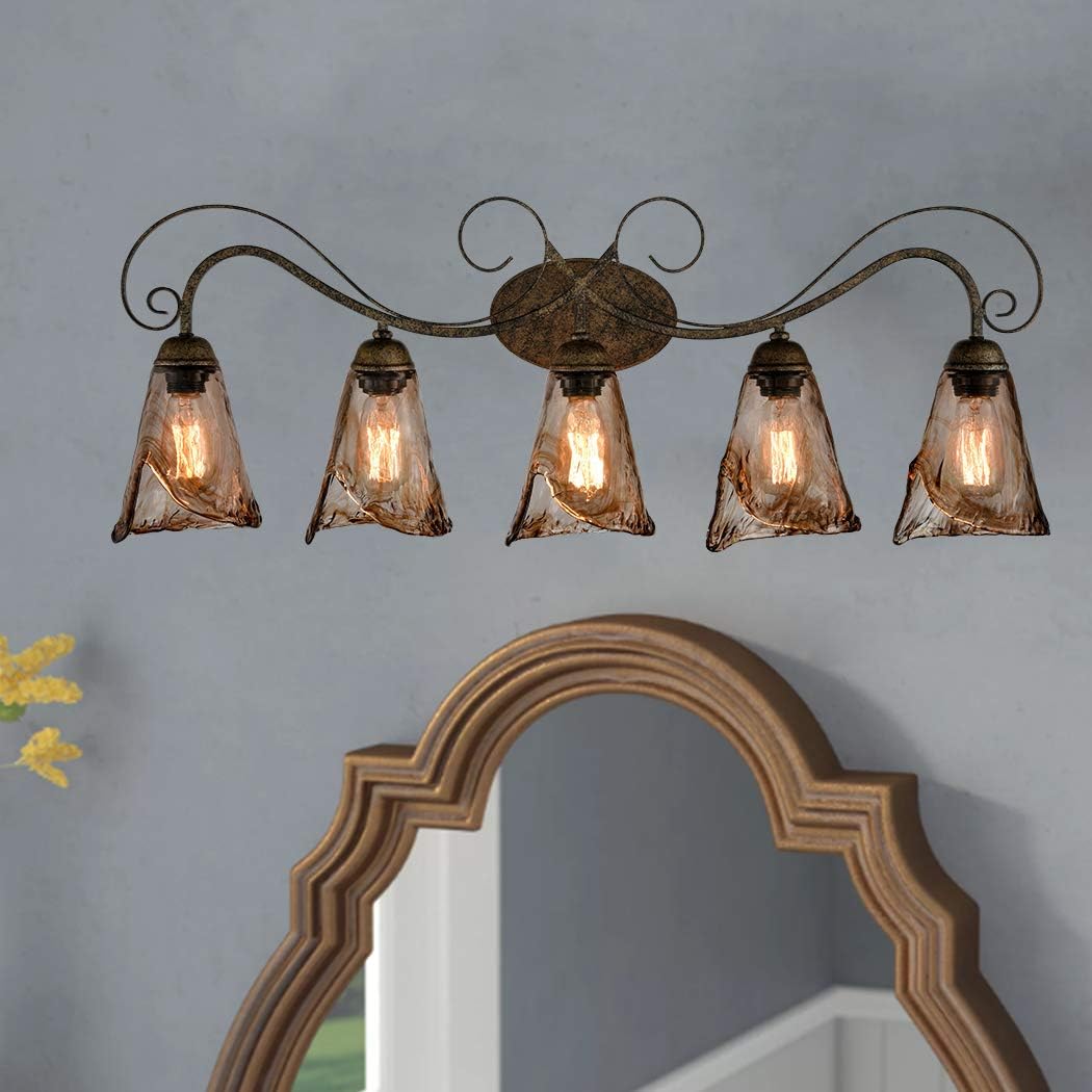 CLAXY Vintage Rustic Vanity Lights Amber Glass Wall Sconces-5 Lights ...