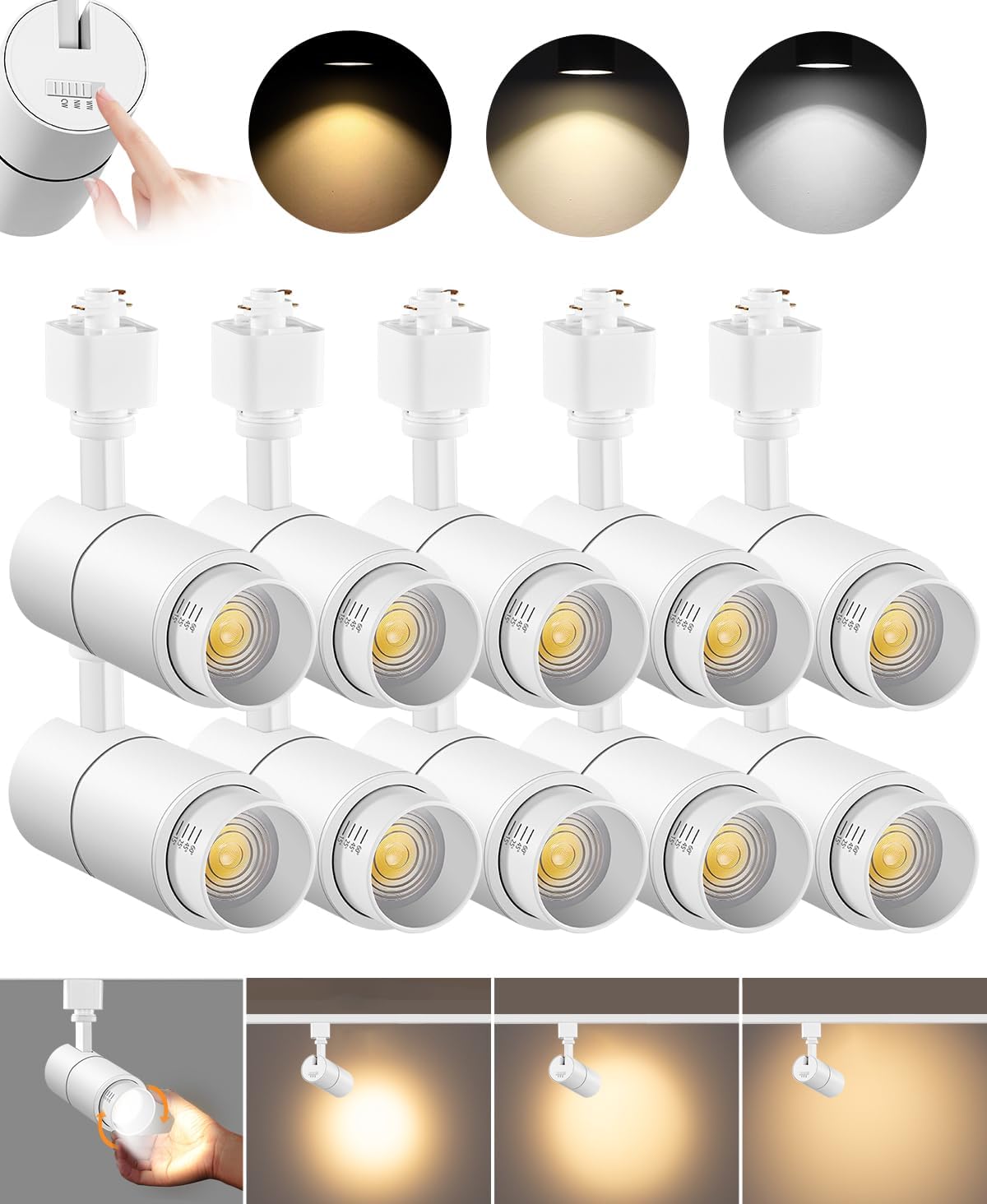 VANoopee 10 Pack 3-Color Zoomable 10W LED Track Lighting Heads H Type ...
