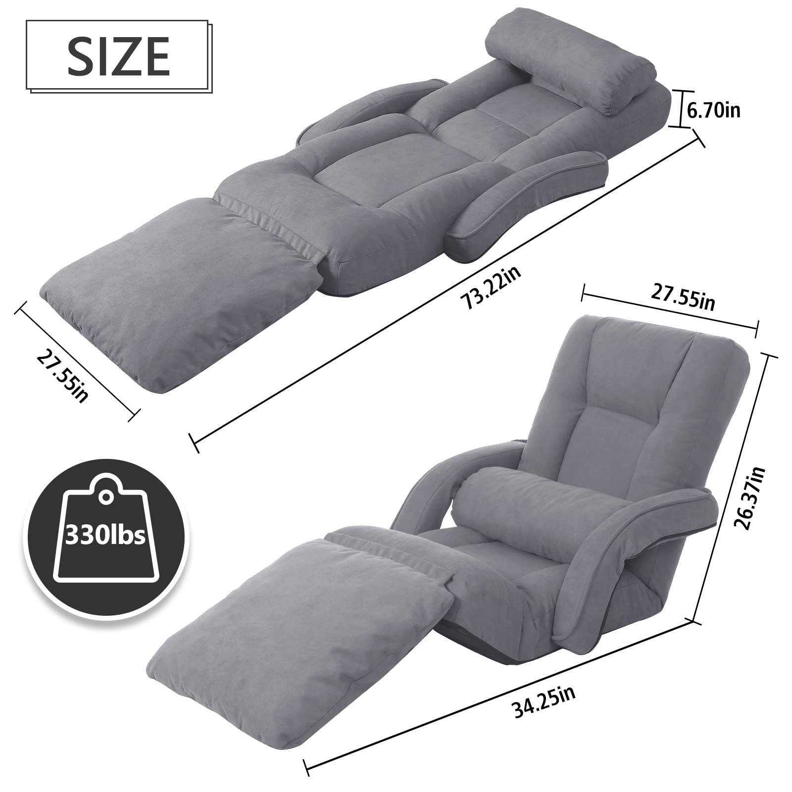 FLOGUOR Foldable Lazy Sofa Bed 14-Position Adjustable Comfy Floor Chair ...