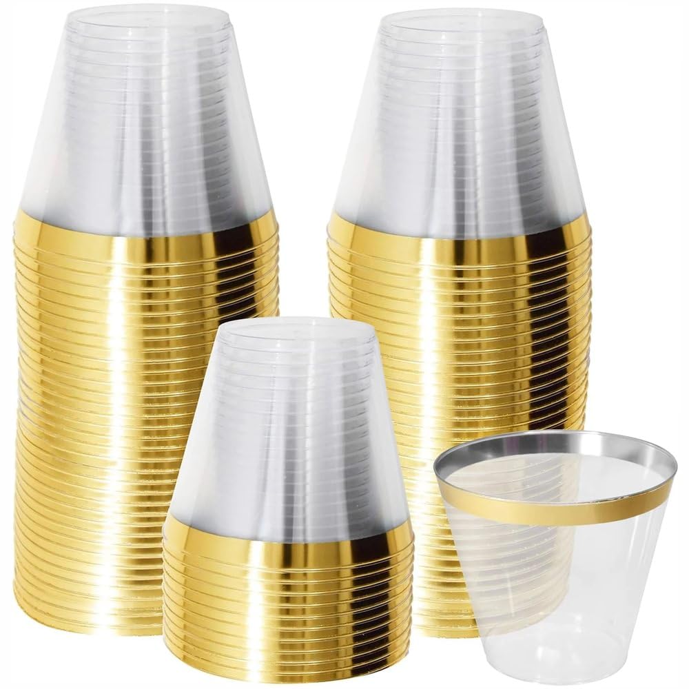Amazon.com: Elegant Clear Old Fashioned Gold Rim Cups - 9oz (100 Count ...