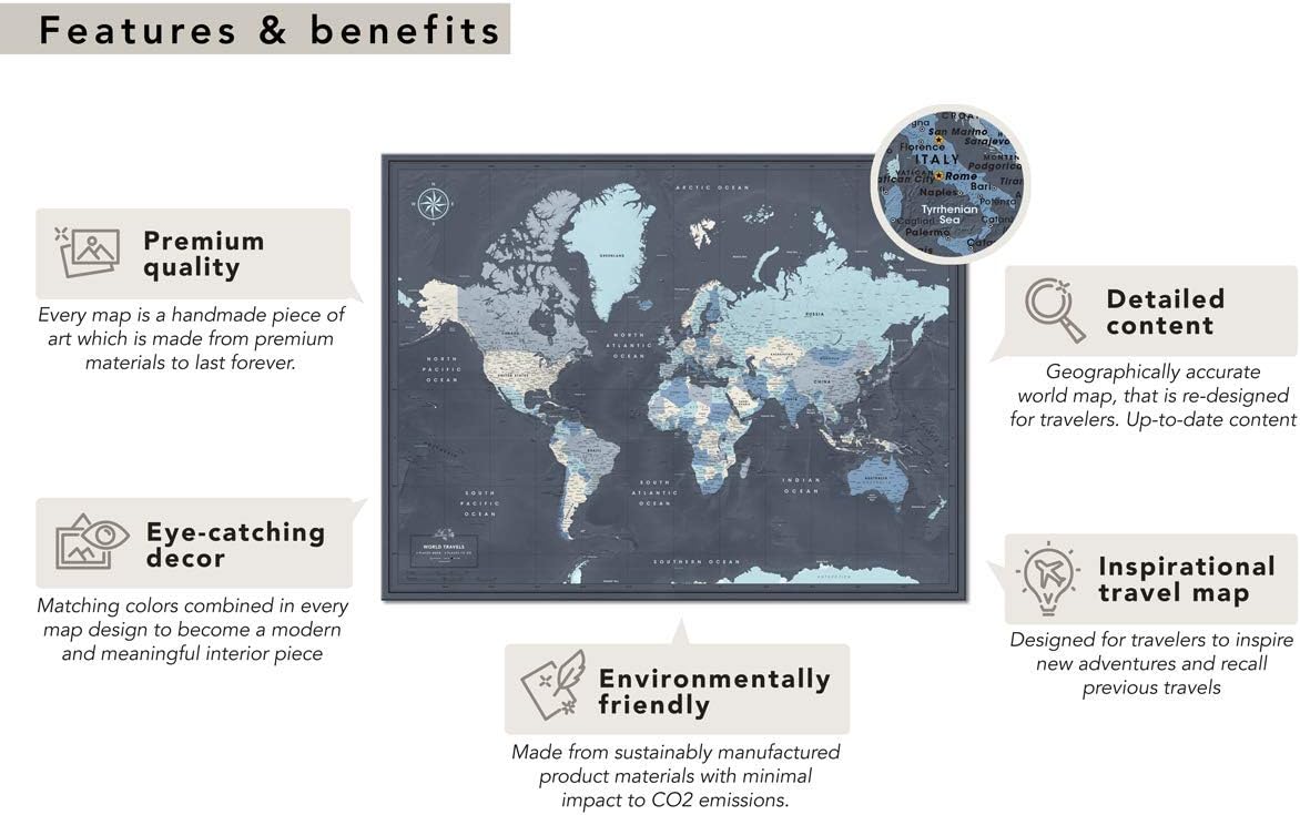 Buy World Map Poster with Pins for Travel Tracking | Laminated Push Pin ...