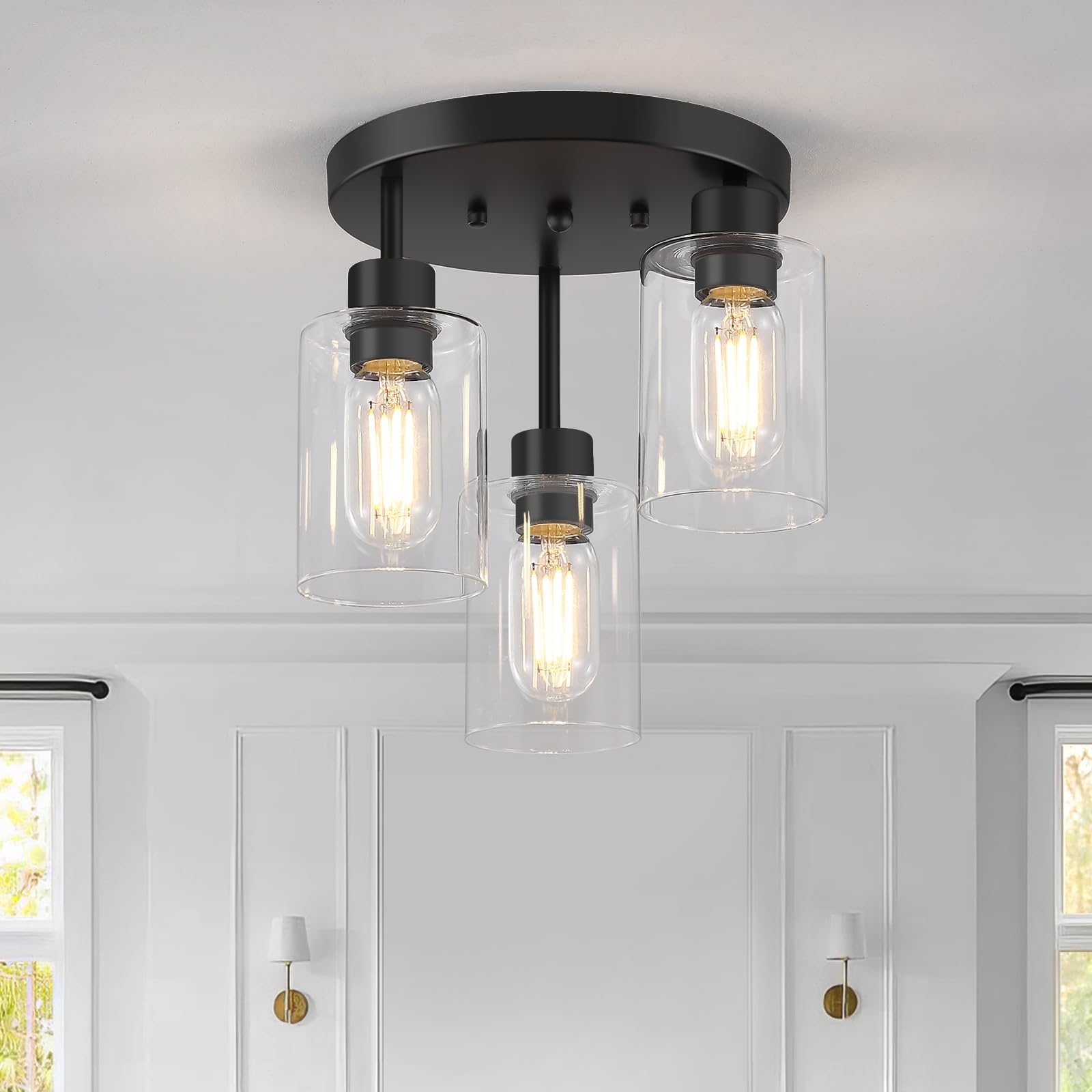 Farmhouse Ceiling Light Fixture, Feanron Black Semi Flush Mount Ceiling ...